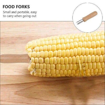 10 Pcs Three Tooth Wooden Handle Forks Stainless Steel Corn