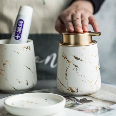 Nordic Marble Pattern Ceramic Soap Dispenser Mouthwash Cup T