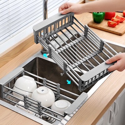 Sink Adjustable Dish Drainer Stainless Steel Drain Rack Frui