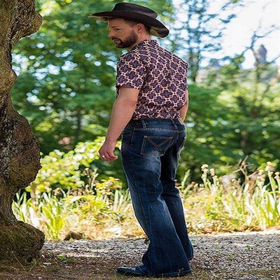 Trendy mens denim bell bottom pants style denim tie