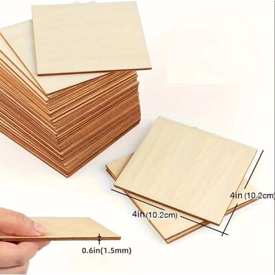 10Pcs Wood Square 4x4in Blank Wood Sheet for Crafts, Thin Un