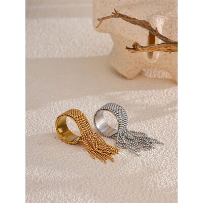 Yhpup Statement Stainless Steel Chain Tassel Finger Ring Adj