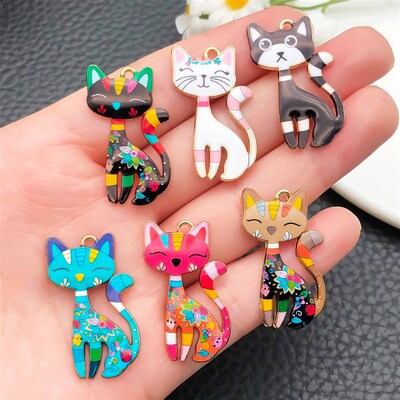 Set of 5/10 Whimsical Oil-Drip Cat Charms - Artistic DIY Cra