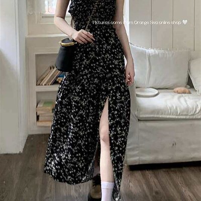 Black Floral Sling Dress Womens Summer New Mid-length Tight