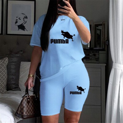 Women Two Piece Set Summer Short Sleeve O-Neck Tee Tops+Penc