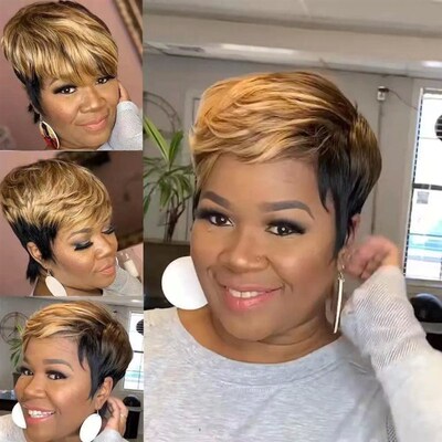 Highlight Synthetic Wigs Short Straight Pixie Cut Hair Bob W