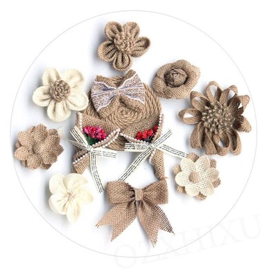 5pcs Handmade Jute Burlap Flowers Rose Hessian Ribbon Bow Vi