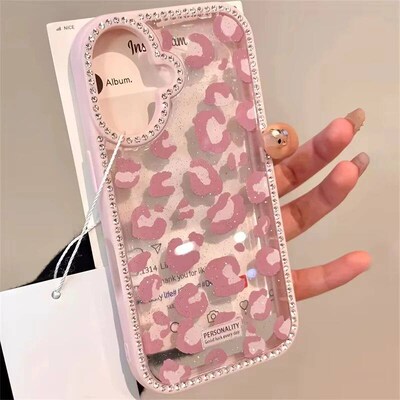 Pink Black Leopard Print Diamond Inlaid Frame Plain Case for
