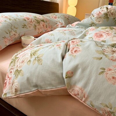 4pc Cotton Bedding Set Duvet Quilt Cover Bed Fitted Sheet 被