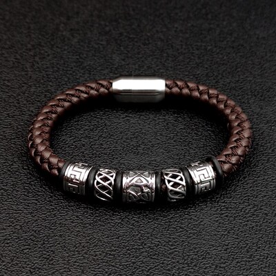 Punk Style Coffee Leather Bracelet 316L Stainless Steel 5 Vi