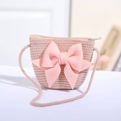 New Pink Bow Girl Bag Zipper Woven Straw Kid Prince Meenger
