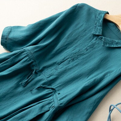 Summer Solid Literary Minimalist?Midi Dresses Embroidery La