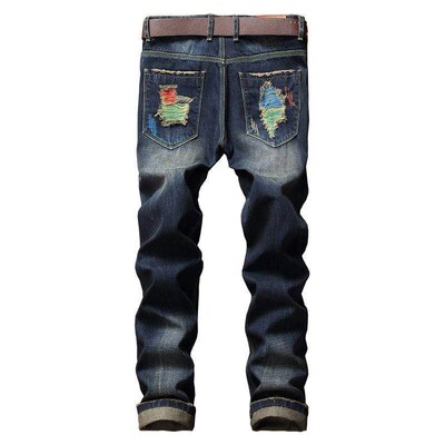 Painted jeans mens ripped straight leg jeans