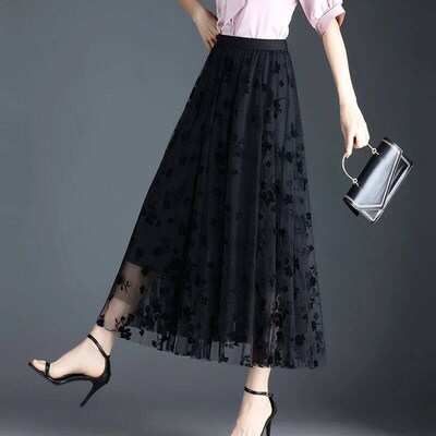 Korean Women Tulle Skirt Fahion Summer Hook Floral Looe Midi