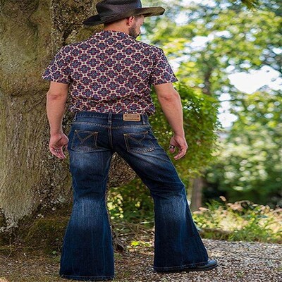Trendy mens denim bell bottom pants style denim tie