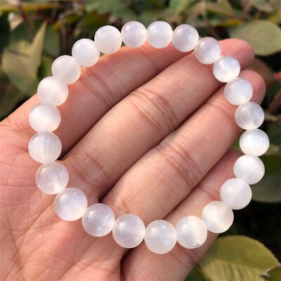 Natural Selenite Bracelet White Round Beads Crystal Quartz H