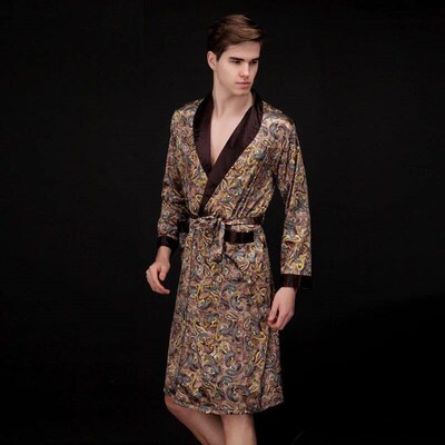 Coffee And Navy Blue Men Silk Robes 2024 Male Senior Satin S
