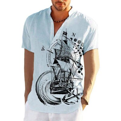 Summer Shirt Mens Henley Short Sleeve ops 3d Compass Graphi