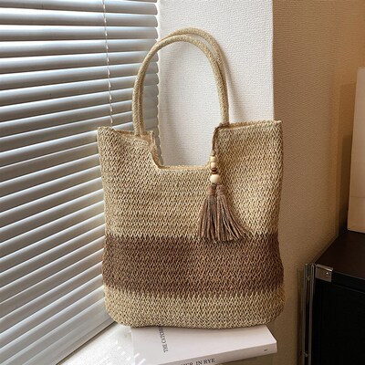 Straw Beach Bag Summer Woven Tote Bag with Tassels Large Sho