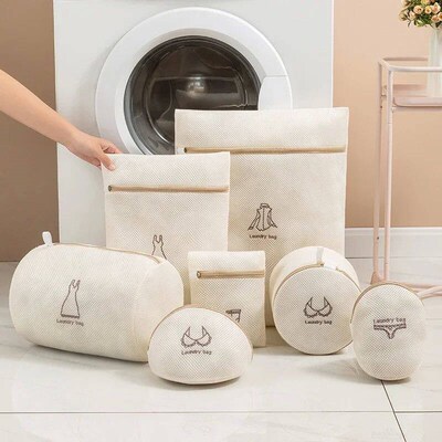 Laundry Bag For Dirty Clothes Fine Mesh Beige Embroidery Thi