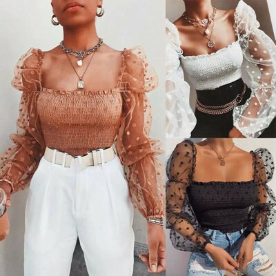Sexy Women Wrinkled Backless Blouse Shirt Mesh Sheer Puff Sl