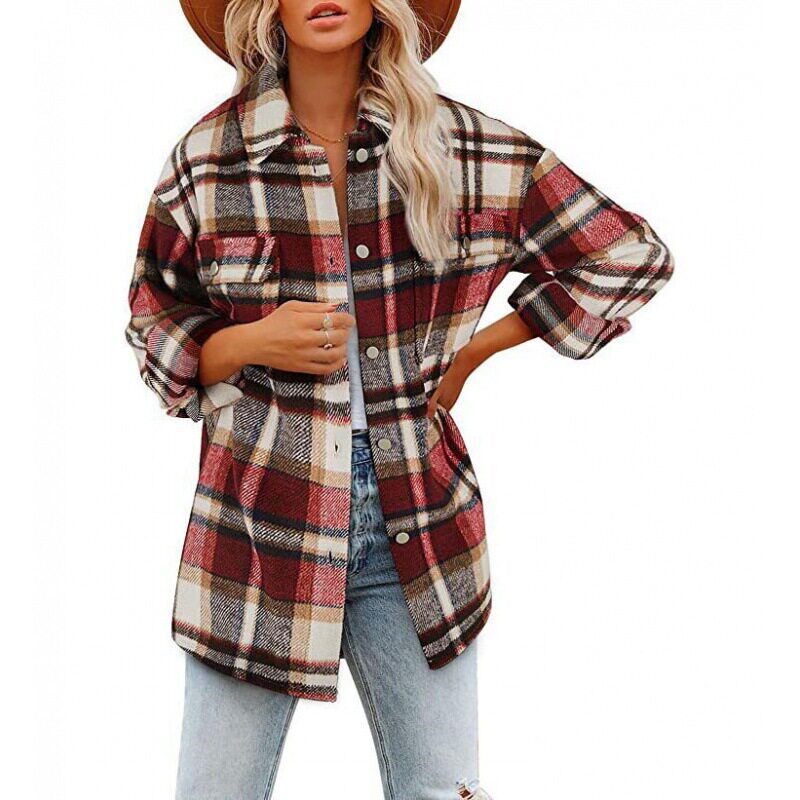 Explosive Womens Woolen Plaid Shirt Flannel Loose Shirt Jac