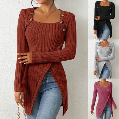 Womens 2025 Solid lor Long Sleeve Knitted Square llar Irreg