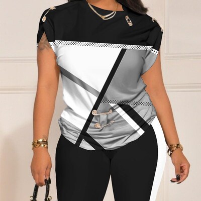 Women Casual Two Pieces Set Summer Fashion Letter Printed O