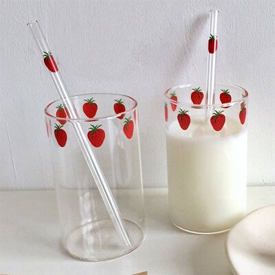 300ml Strawberry Cute Glass Cup With Straw Creative Transpar