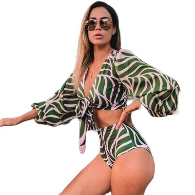 2023 Leaves Printed Bikini Women Swimwear Long Sleeve Swimsu