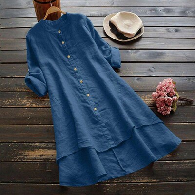 Womens Spring Solid Cotton Linen Shirt Dress Ladies Loose D
