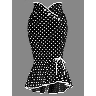 Dress button lace-up polka dot skirt slim fishtail skirt