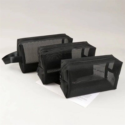 1PC Travel Black Mesh Cosmetic Bag Zipper Makeup Bag For Wom