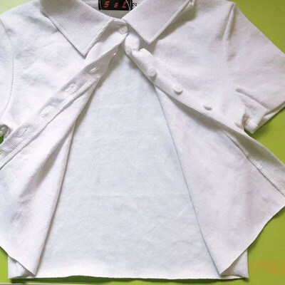Deeptown Women Cropped Blouses White Short Sleeve Shirts Cas