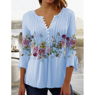 2025 Fashion Womens Floral Print V-neck Short Sleeve Pleate
