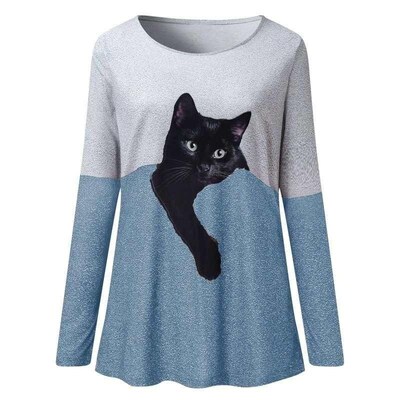 Plus Size Cat Blouses 5xl Casual Contrast Color Cat Print Sh