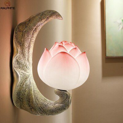 New Chinese Resin Lotus Wall Lamp Study Bedroom Fixtures Cor