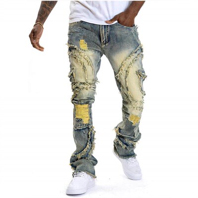 Mens ripped slightly flared fringe stretch jeans T
