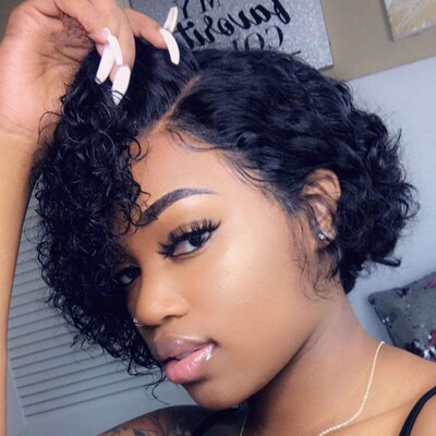 Wig Women Short Curly Hair Sideways Wig Small Curly Head Bla