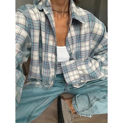 Mumaroho 2024 Women Autumn Winter Long Sleeve Blue Plaid Shi