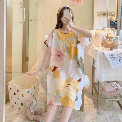 Cotton silk nightdress women summer thin short sleeve cartoo