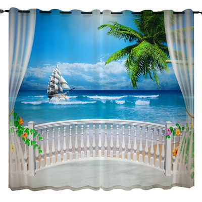 2021年新款客厅阳台卧室书房3d自然风海景画清新绿色个性遮光窗帘