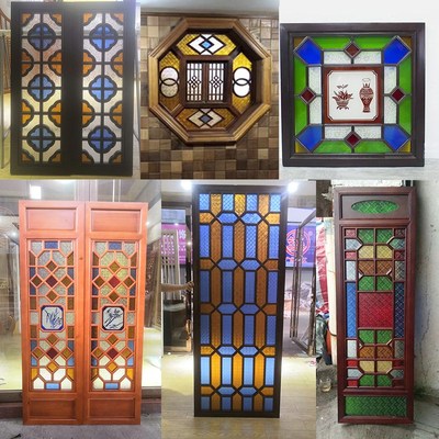 广式仿古西关满洲窗实木海棠彩色玻璃压花艺术琉璃岭南花窗门屏风