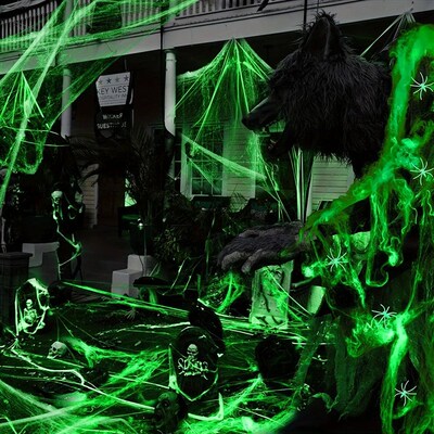 Glow in The Dark Spider Webs and Fake Spiders White Sretch C