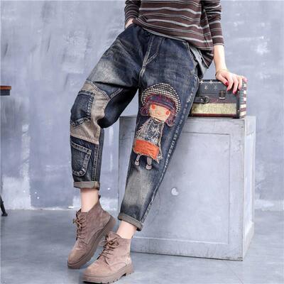 Vintage printing Embroidery Jeans Women Casual Loose plus si