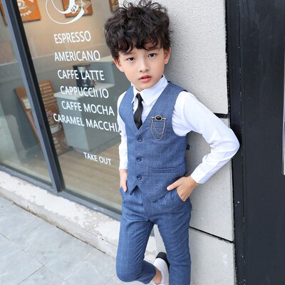 Boy Plaid Vest Blazer Kids Waistcoat Wedding Clothes Set Tod