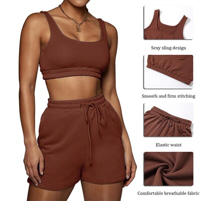 Casual Solid Shorts Sets Ladies Clothes Crop Top 2 Piece And