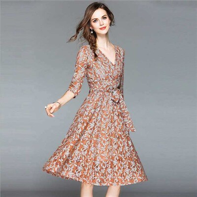 Summer New European womens lace dress, three-quarter sleeve