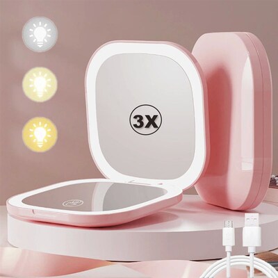 Compact Led Makeup Mirror With Light 1X/3X Magnifying Pocket