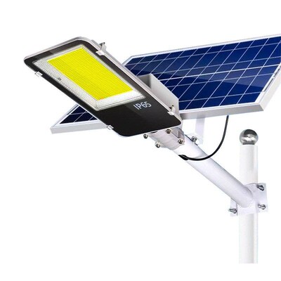 Solar-powered outdoor garden lamps are shining brightly